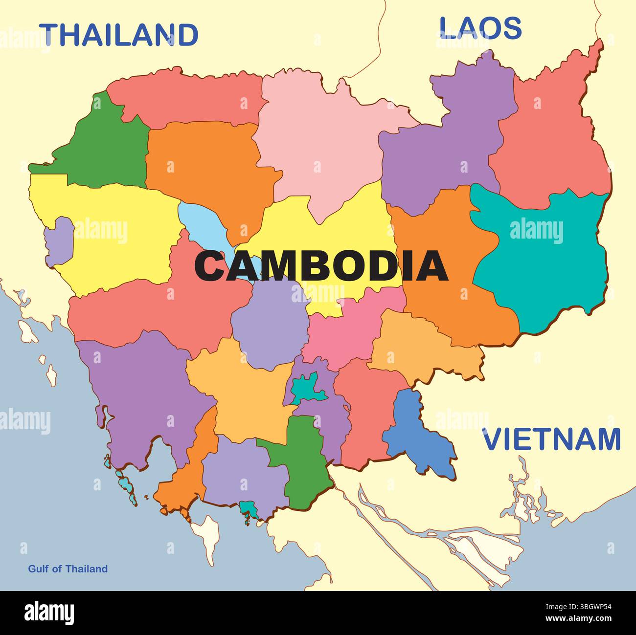 Vibrant vector illustration of Cambodia with borders, highlighting ...