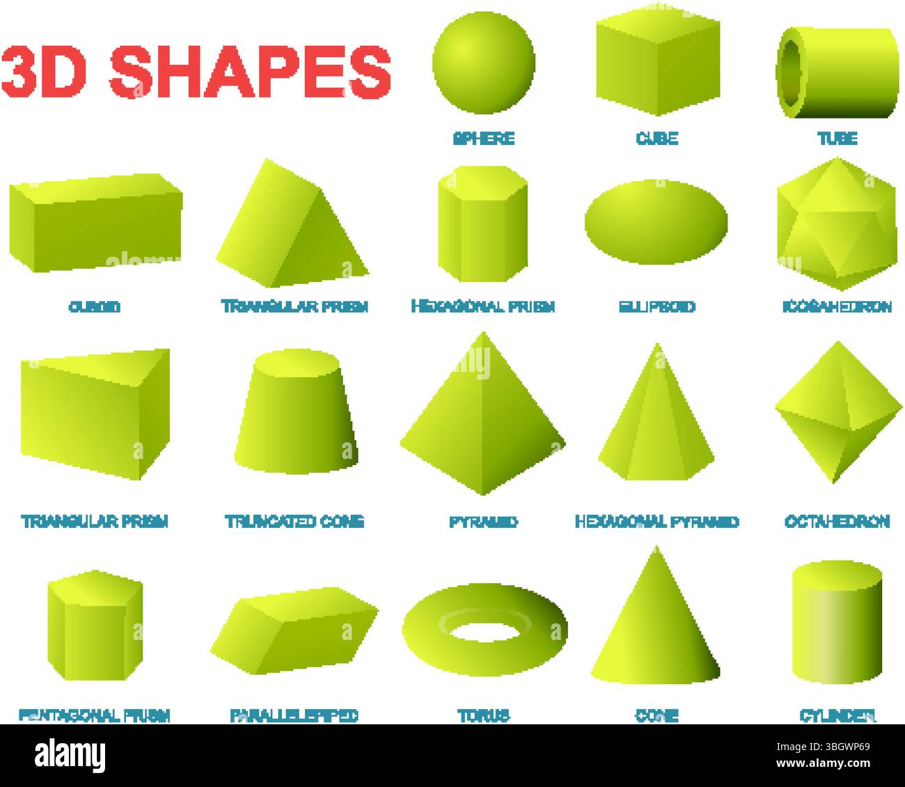 Vibrant vector illustration of various 3D geometric shapes in green ...