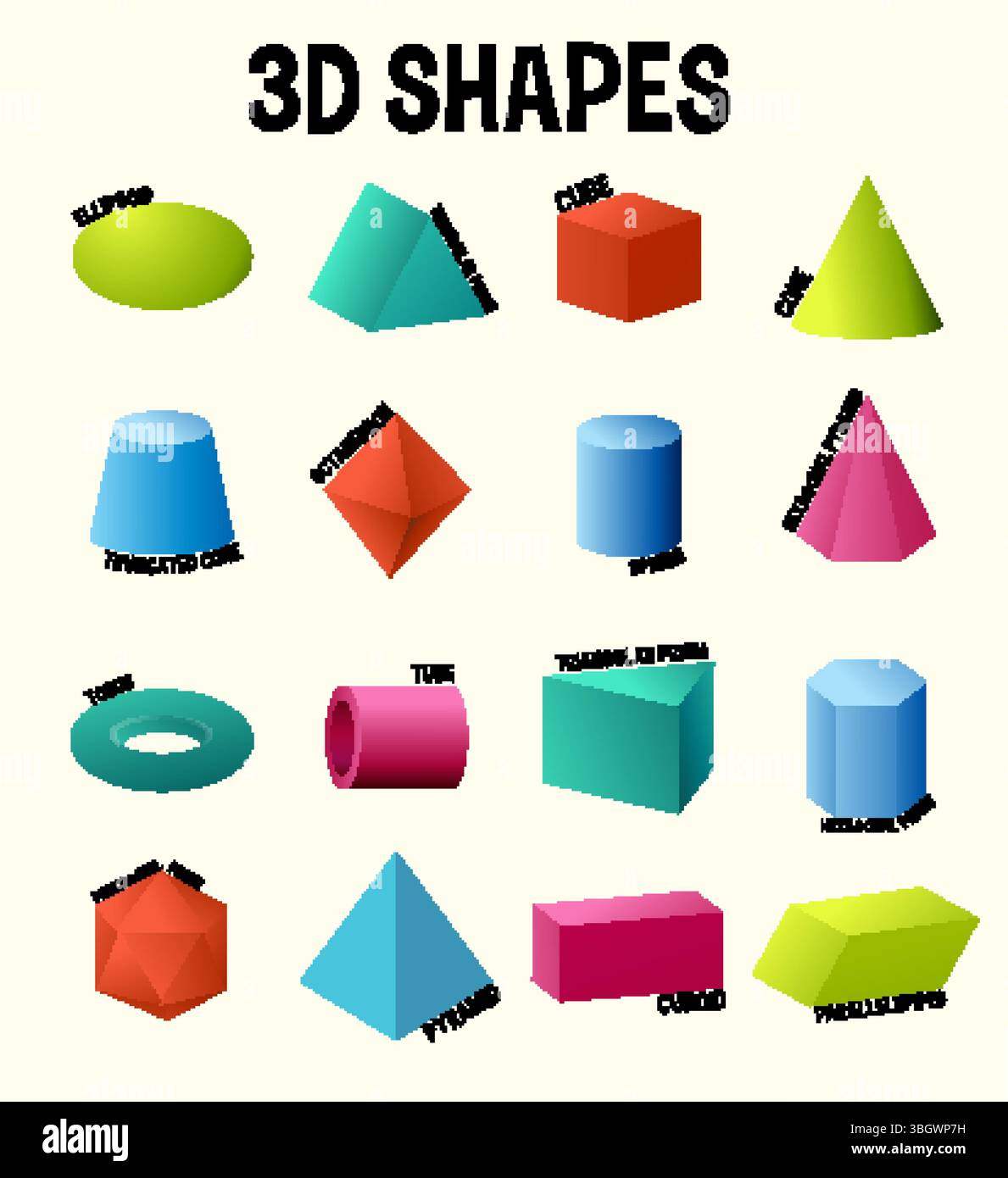 Vector illustration of various 3D geometric shapes with vibrant colors ...