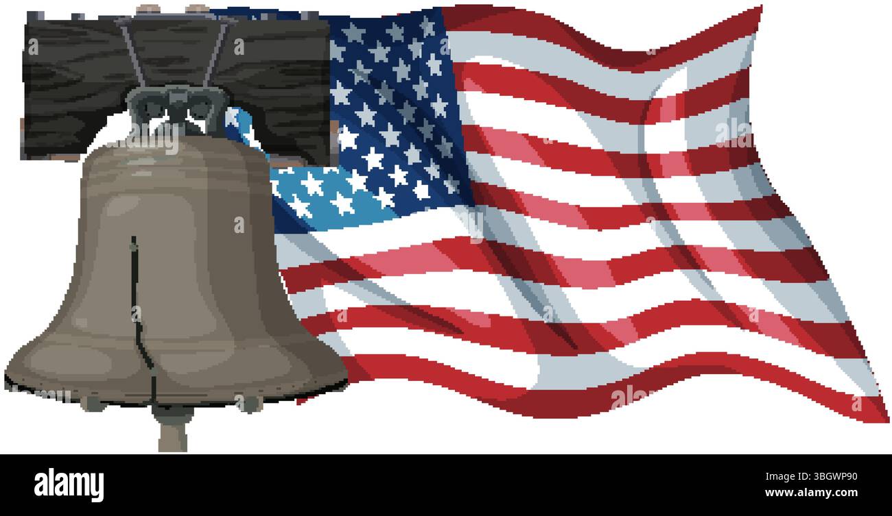 Vector illustration of the Liberty Bell with a waving American flag ...