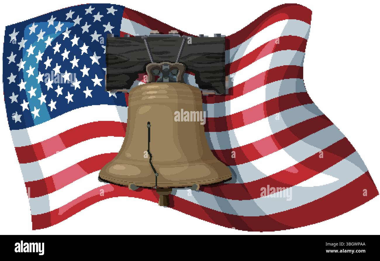 Vector illustration of the Liberty Bell over a waving American flag ...