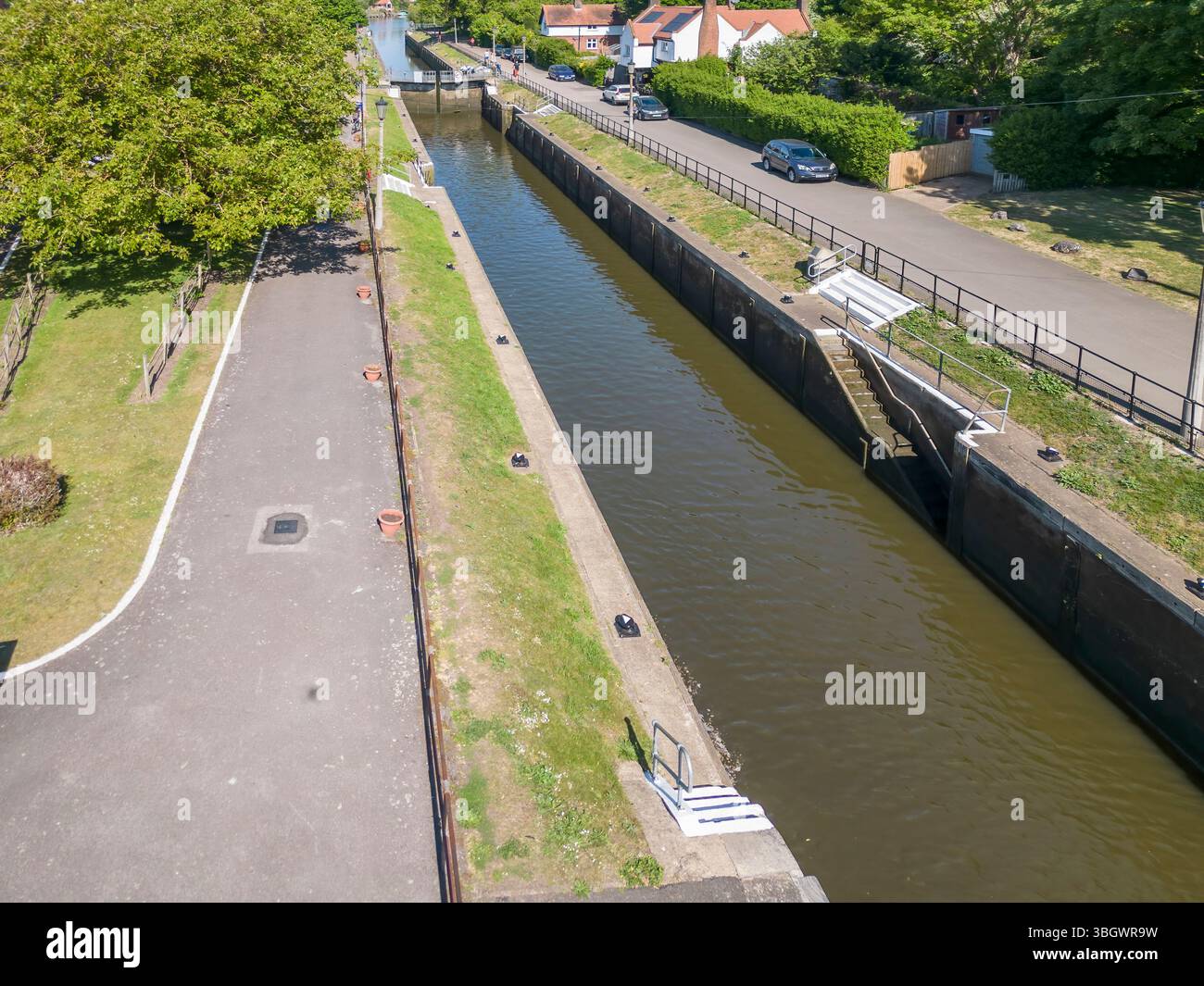 aerial view of teddington locks on the river thames in the london borough or richmond upon ...