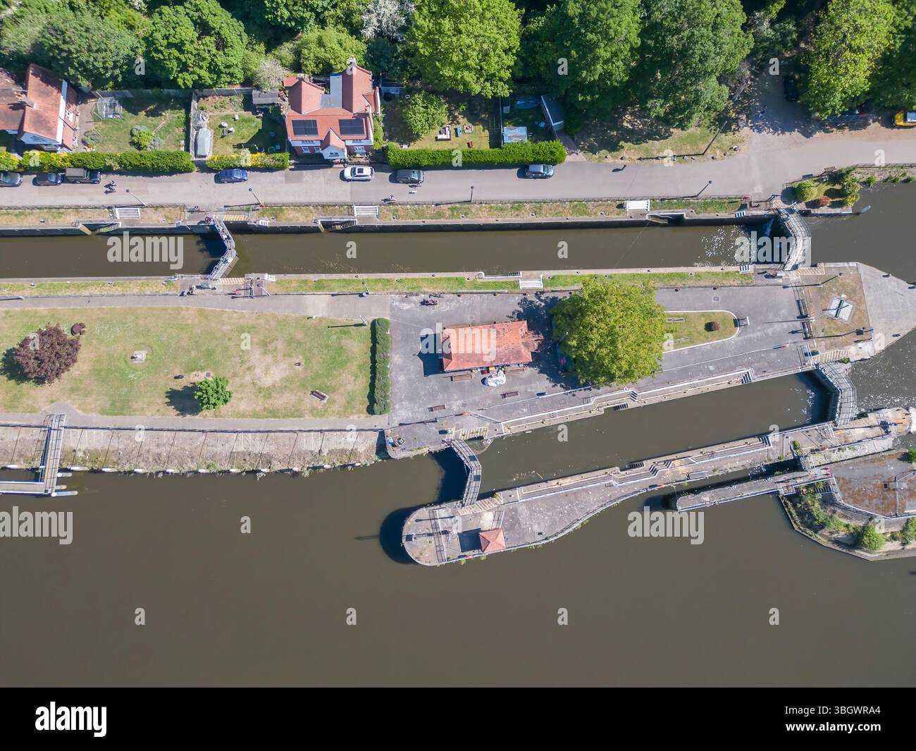 aerial view of teddington locks on the river thames in the london ...