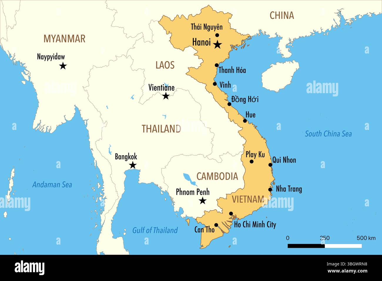 Map of Vietnam with Major Cities and Neighboring Countries Stock Photo ...