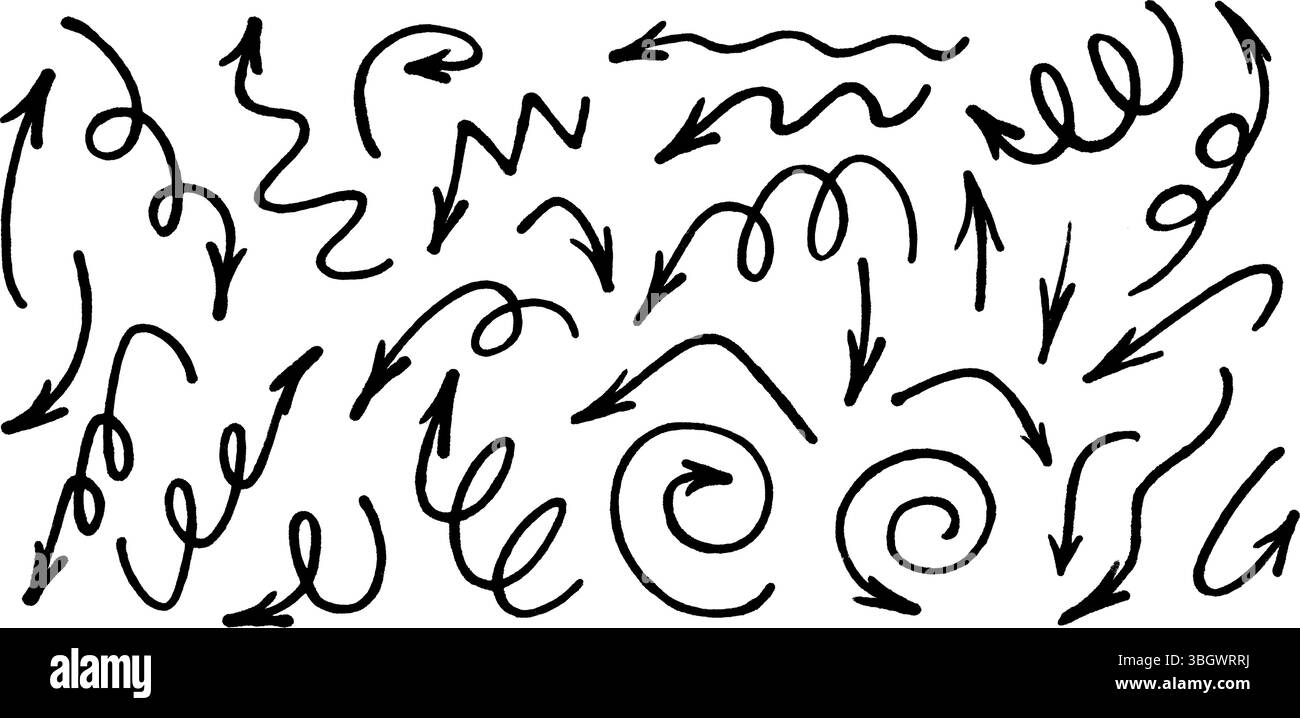 Hand drawn marker arrows symbols set. Doodle brush line scribbles arrow ...