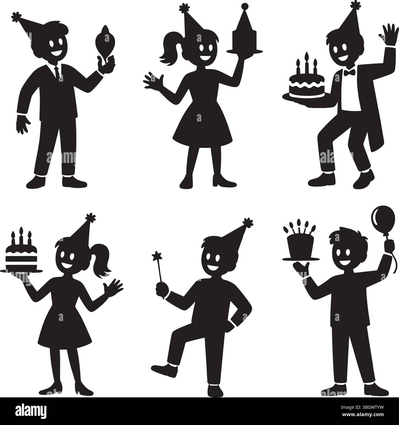 Silhouetted figures celebrating parties with balloons cakes and magical ...