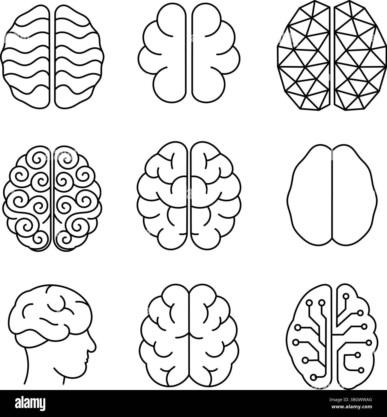 Human brain outline icons. Collection of vector illustrations representing intelligence ...