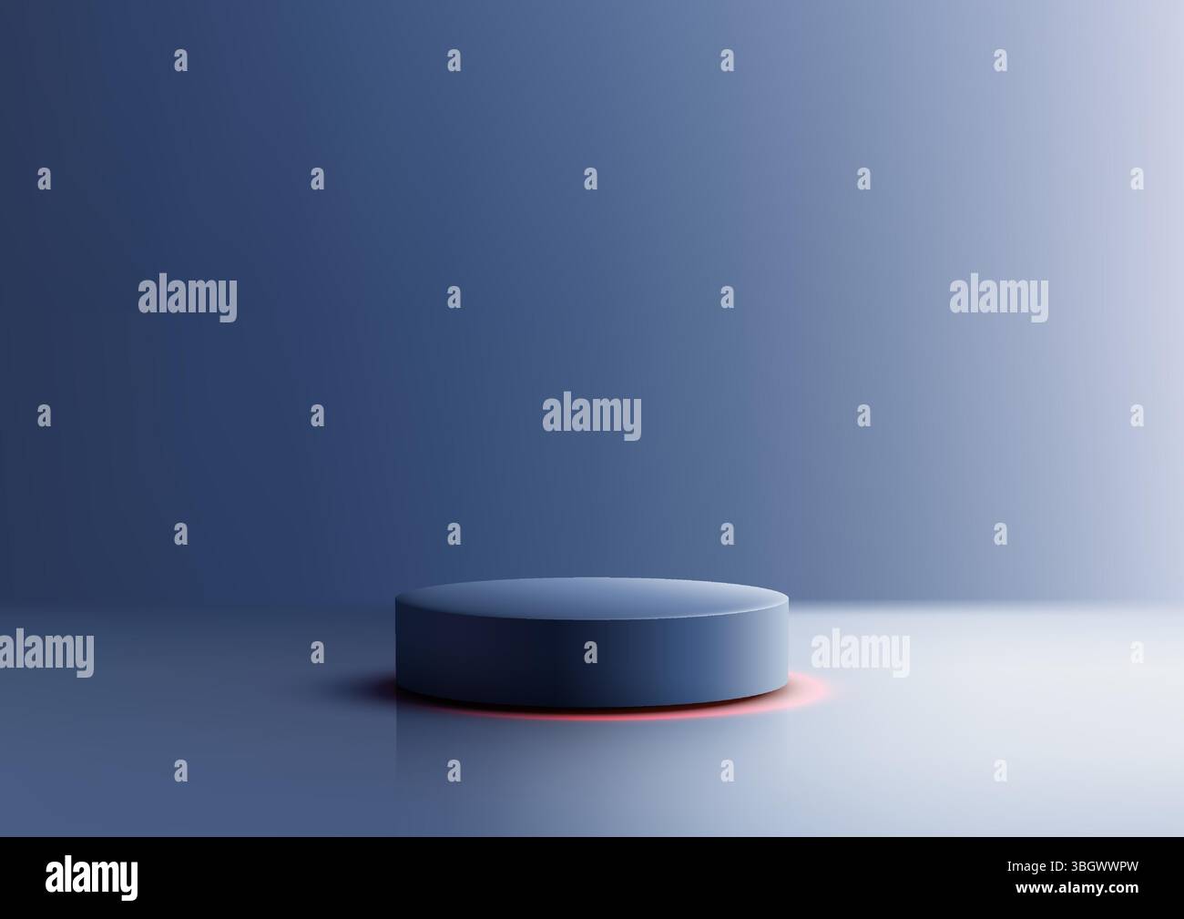 solitary dark blue 3d cylindrical platform sits on a reflective surface ...