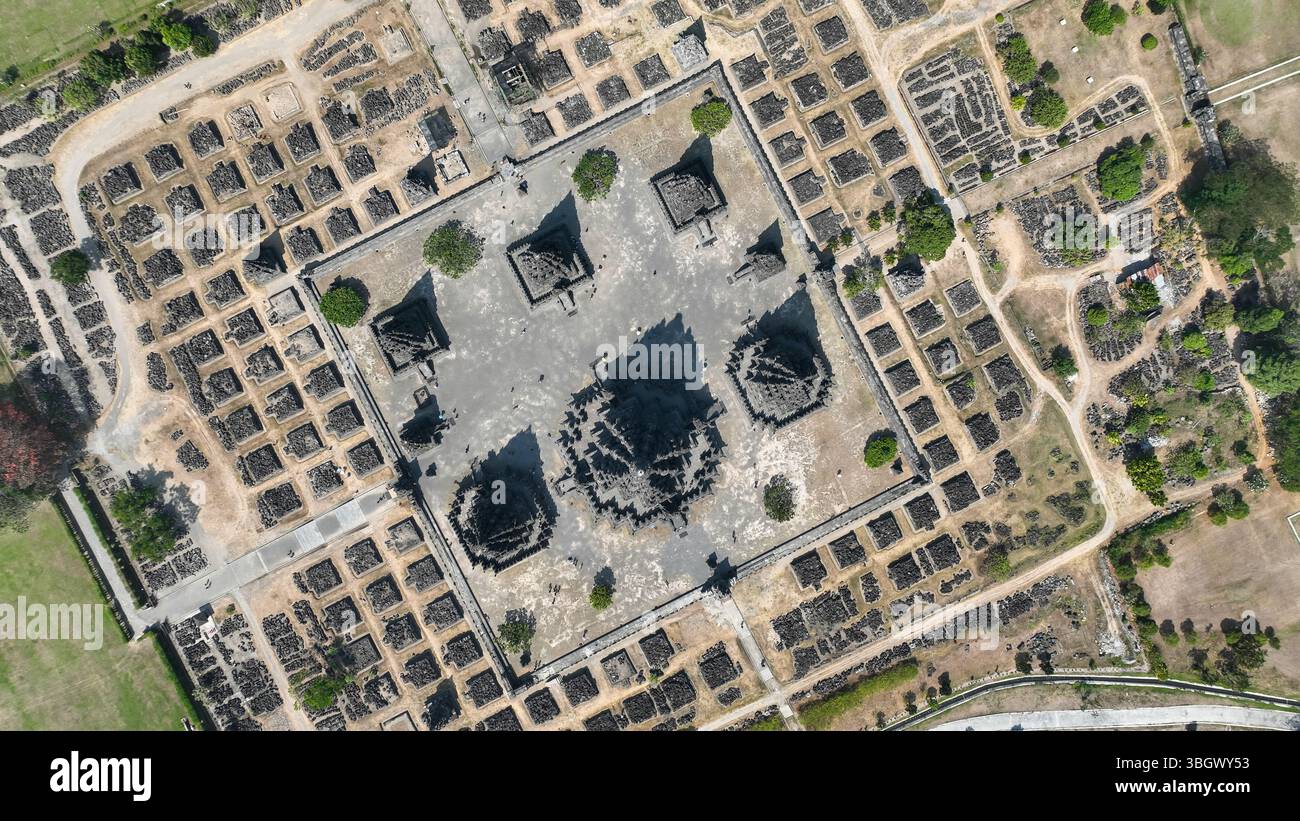 Panoramic top-down view of Prambanan Temple highlights the iconic ...