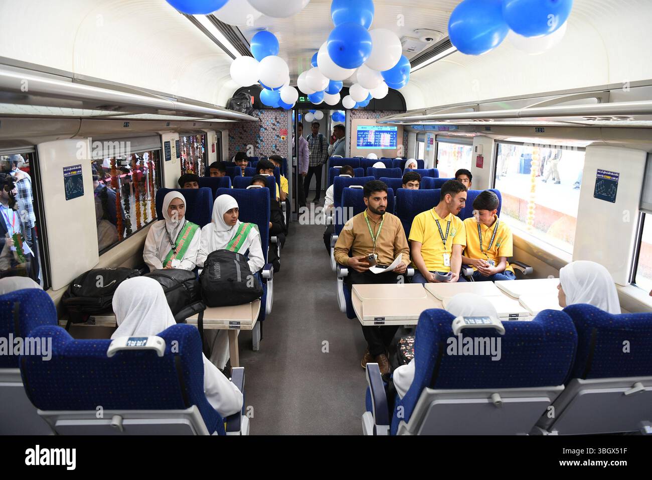 June 6, 2025, Srinagar, Jammu And Kashmir, India: Students board Vande Bharat passenger train at ...