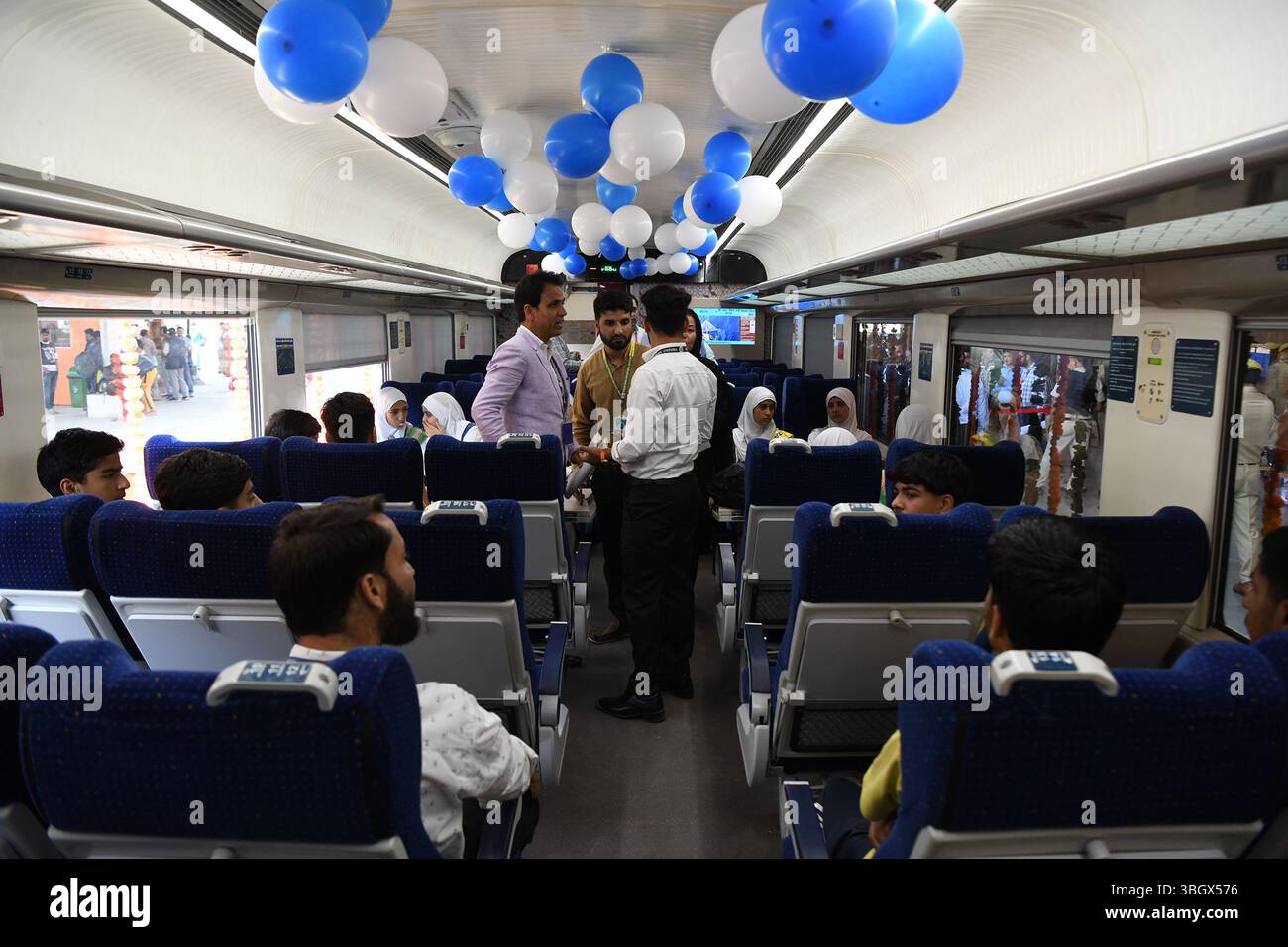June 6, 2025, Srinagar, Jammu And Kashmir, India: Students board Vande Bharat passenger train at ...