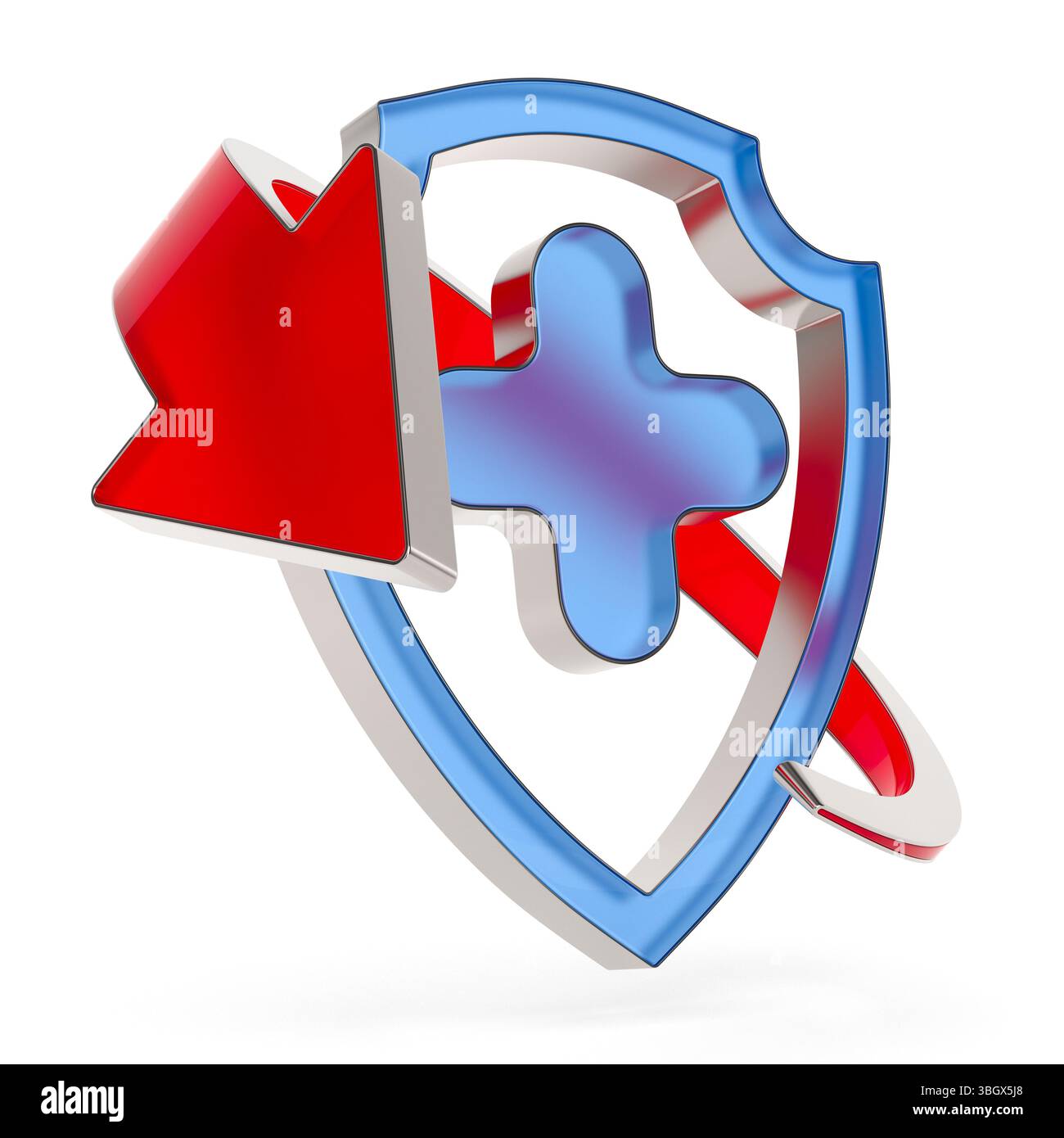 Cross into shield and arrow on white background. Isolated 3D ...