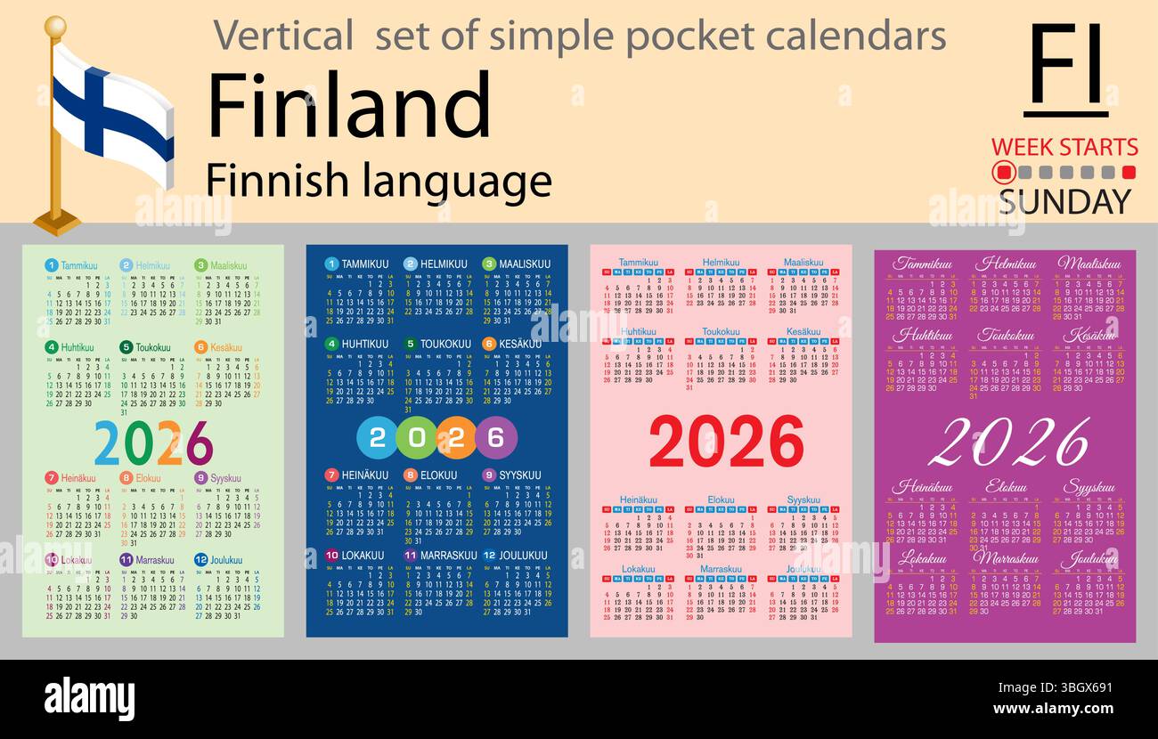 Finnish language. Finland vertical Set of pocket calendars for 2026 ...