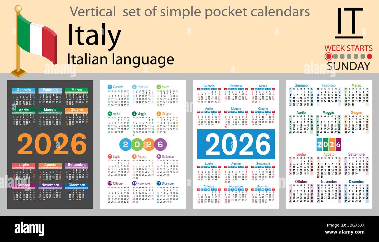 Italian language. Italy vertical Set of pocket calendars for 2026 (Two ...