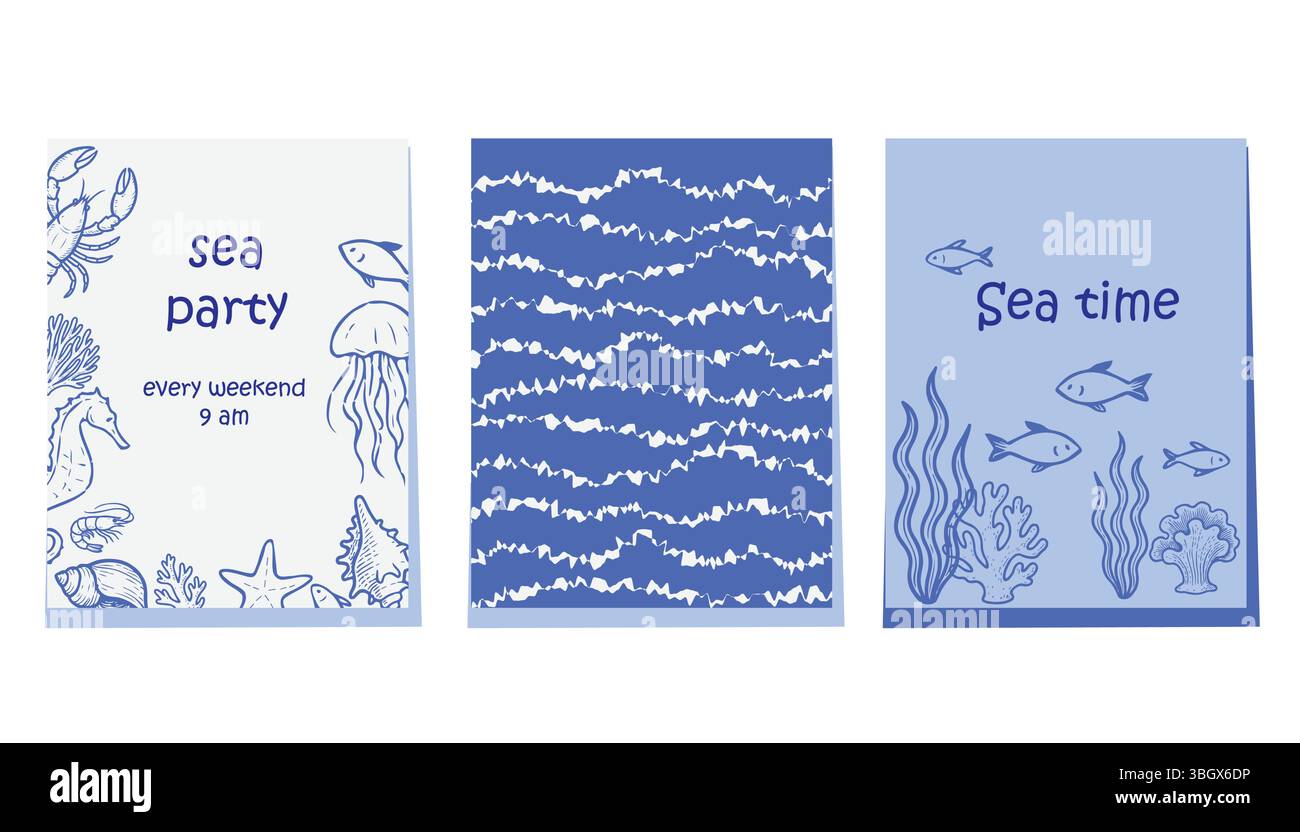 Set of marine themed illustrations with playful sea animals, coral, and ...