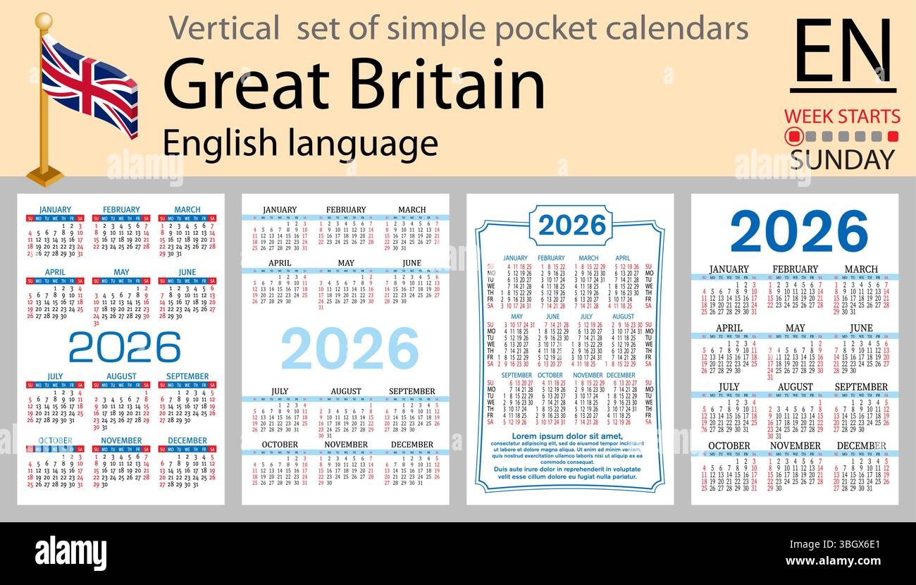 English language. United Kingdom vertical Set of pocket calendars for ...