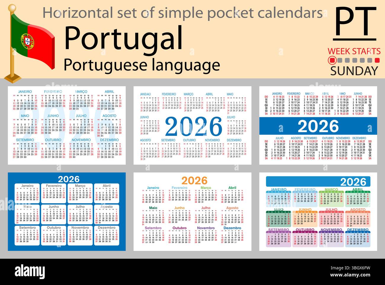 Portuguese language. Portugal horizontal Set of pocket calendars for ...