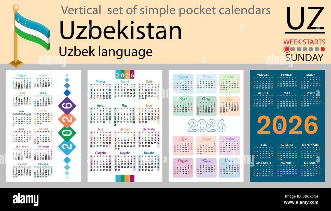 Uzbek language. Uzbekistan vertical Set of pocket calendars for 2026 ...