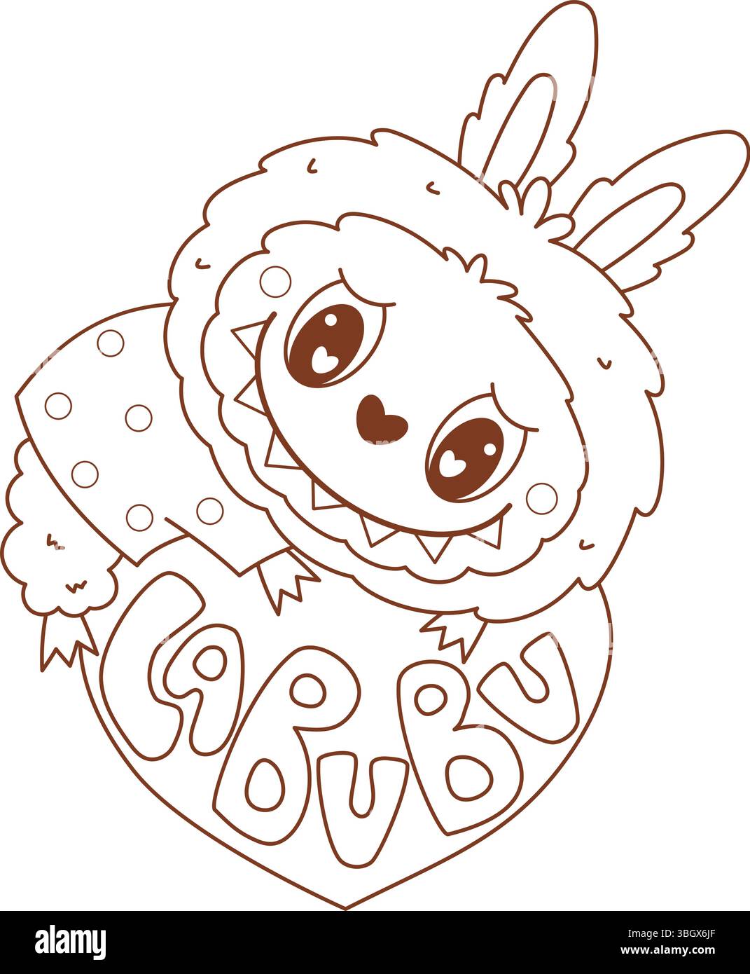 Outline Cute Monster Toy Labubu lying on Heart. Romantic Cartoon Funny ...