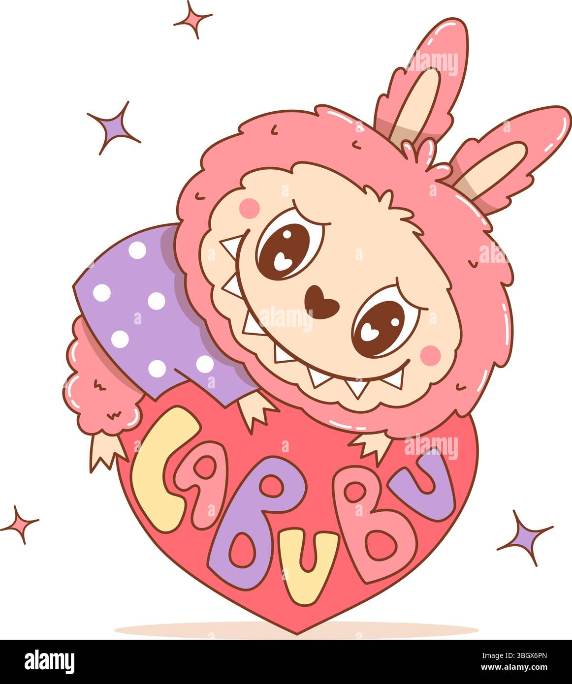 Cute Monster Toy Labubu with Heart. Romantic Pink Cartoon Funny kawaii ...