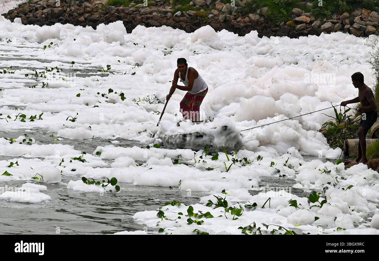 NEW DELHI, INDIA - JUNE 5: A view of Yamuna River covered with thick ...