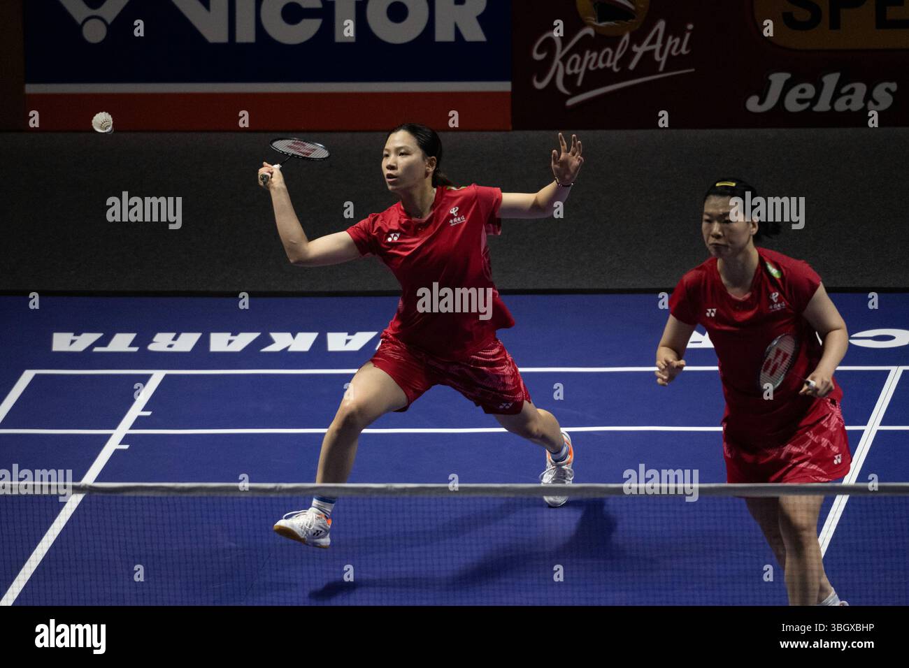 Jakarta, Indonesia. 6th June, 2025. Li Yijing (L)/Luo Xumin compete during the women's doubles ...