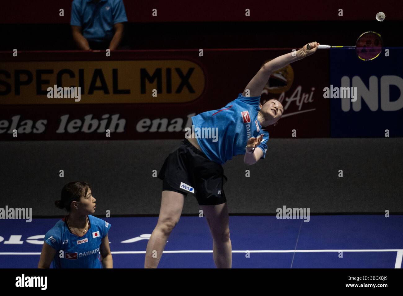 Jakarta, Indonesia. 6th June, 2025. Fukushima Yuki/Matsumoto Mayu (R) compete during the women's ...