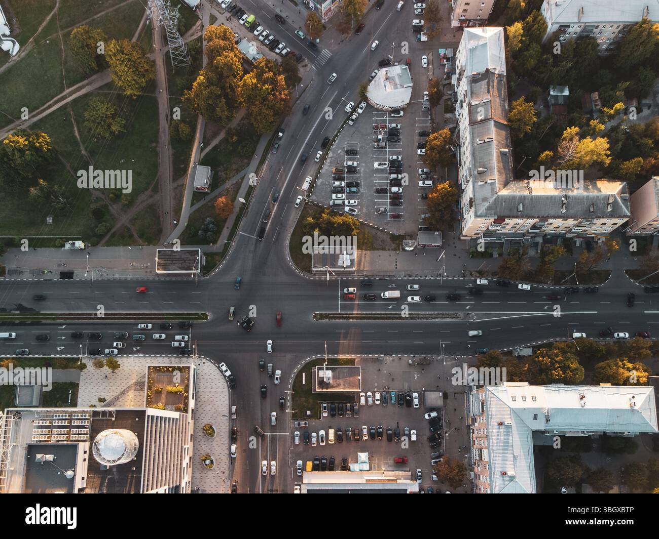 Aerial look down of urban transportation scene, lively intersection in ...
