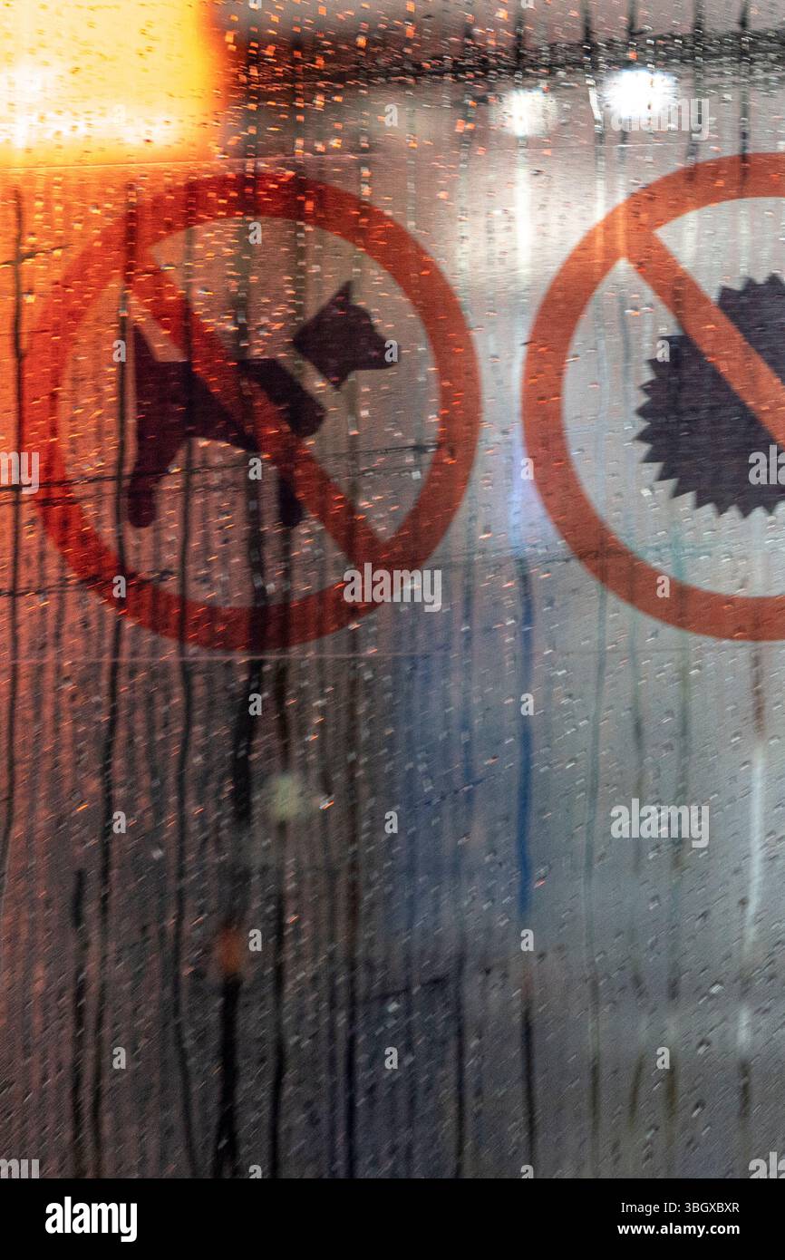 Sign on a window that says no guns, no dogs, no smoking, no alcohol, no ...