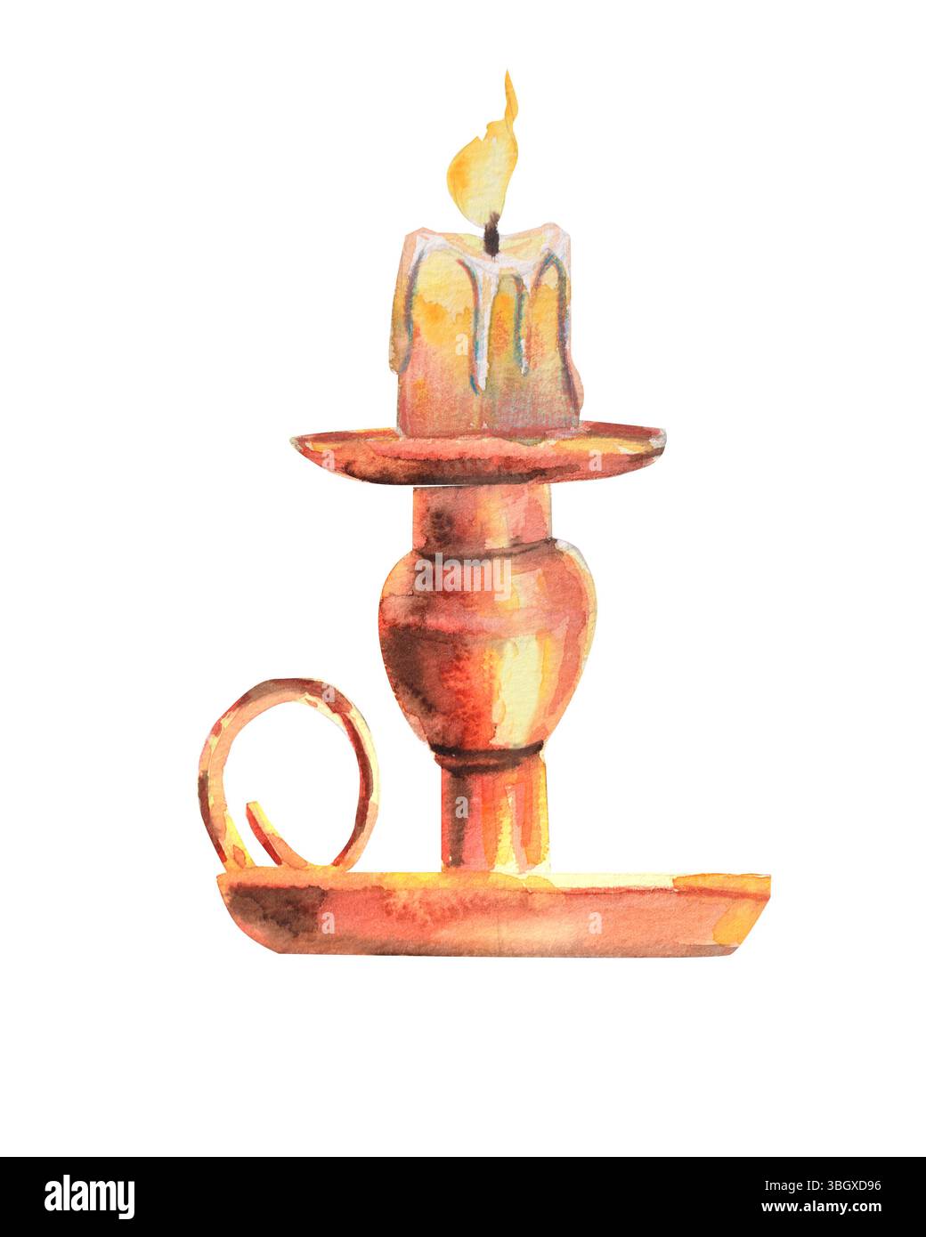 Burning candle in bronze candlestick in vintage style, hand drawn ...