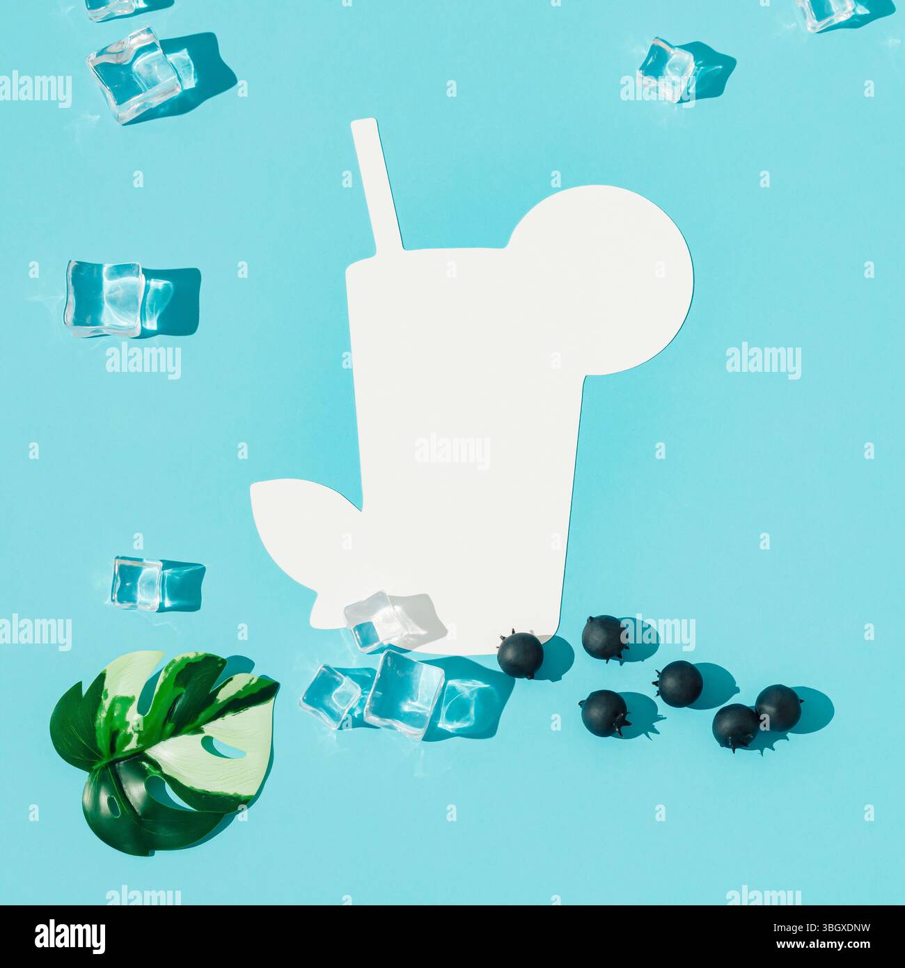 Summer day scene with ice cubes, blueberries and drink shaped paper ...