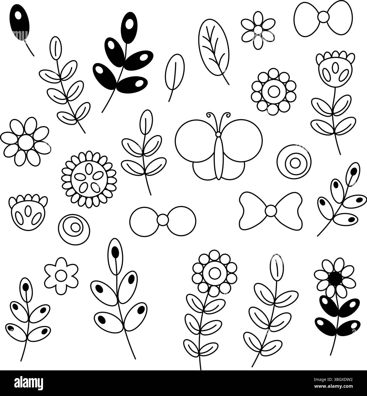 Blooming floral plants. isolated set. Vector graphic line illustration. flowers and leaves in ...