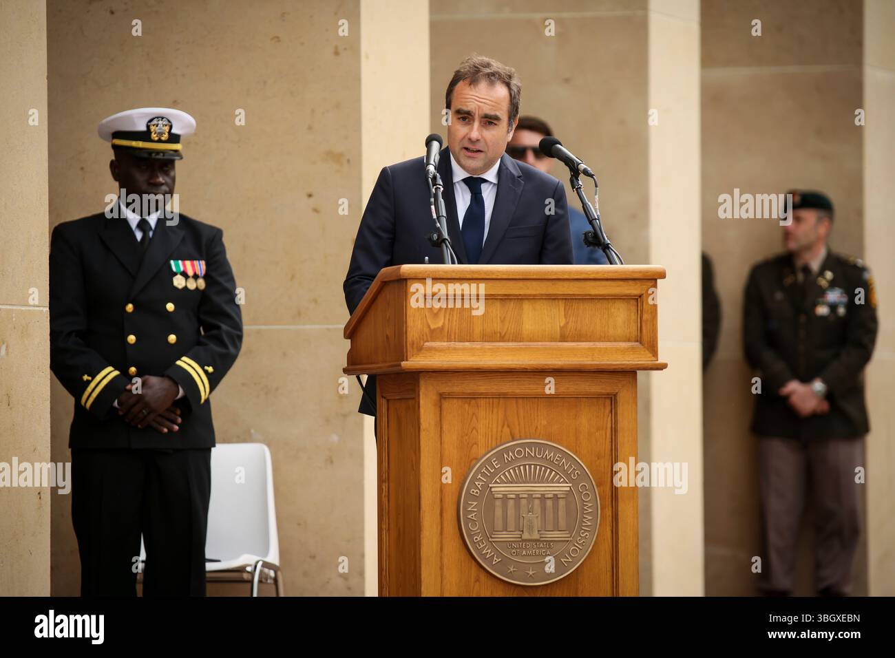 French Defense Minister Sebastien Lecornu delivers his speech at the US ...