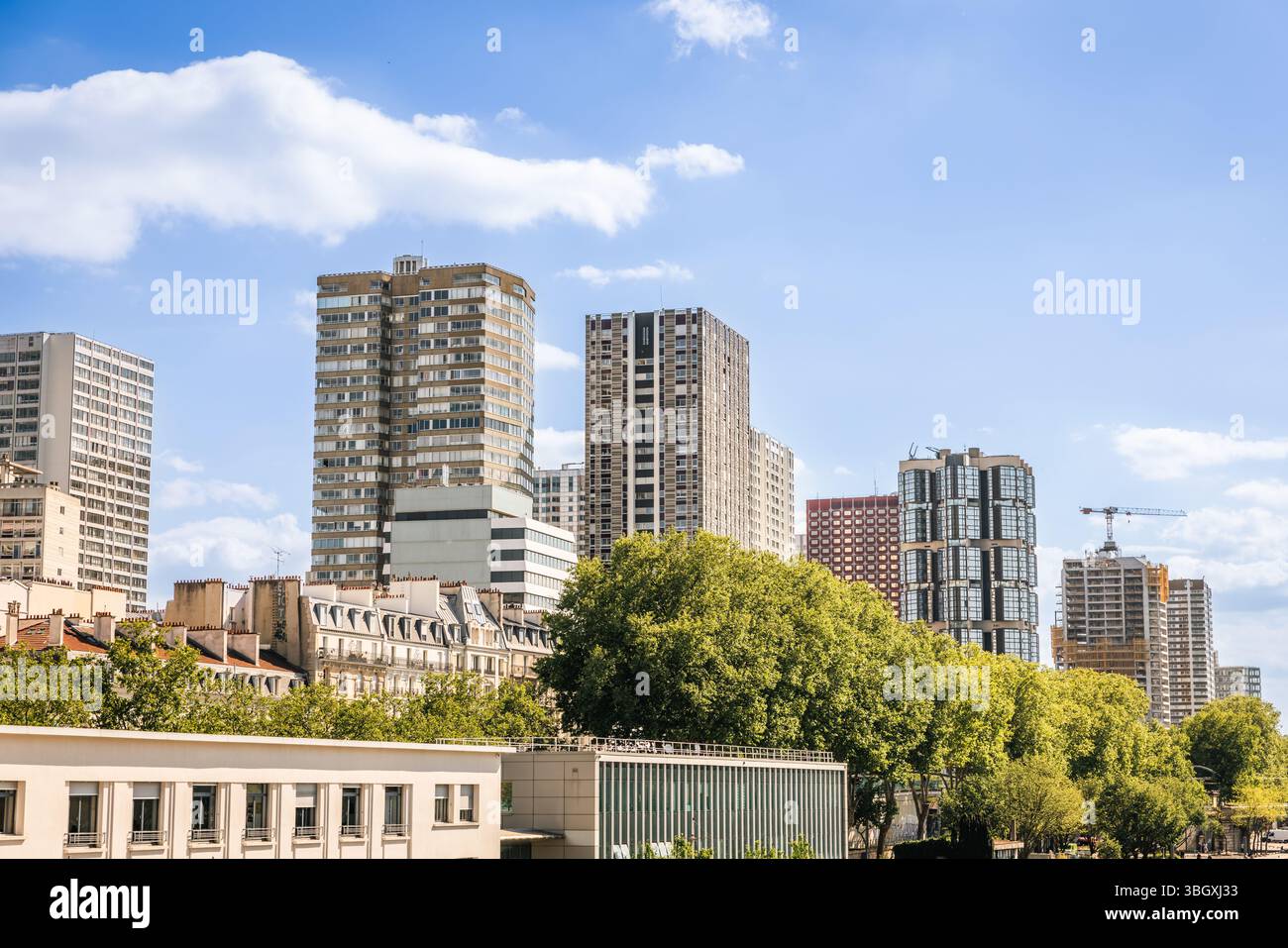 A view of modern residential skyscrapers in Paris, showcasing a ...