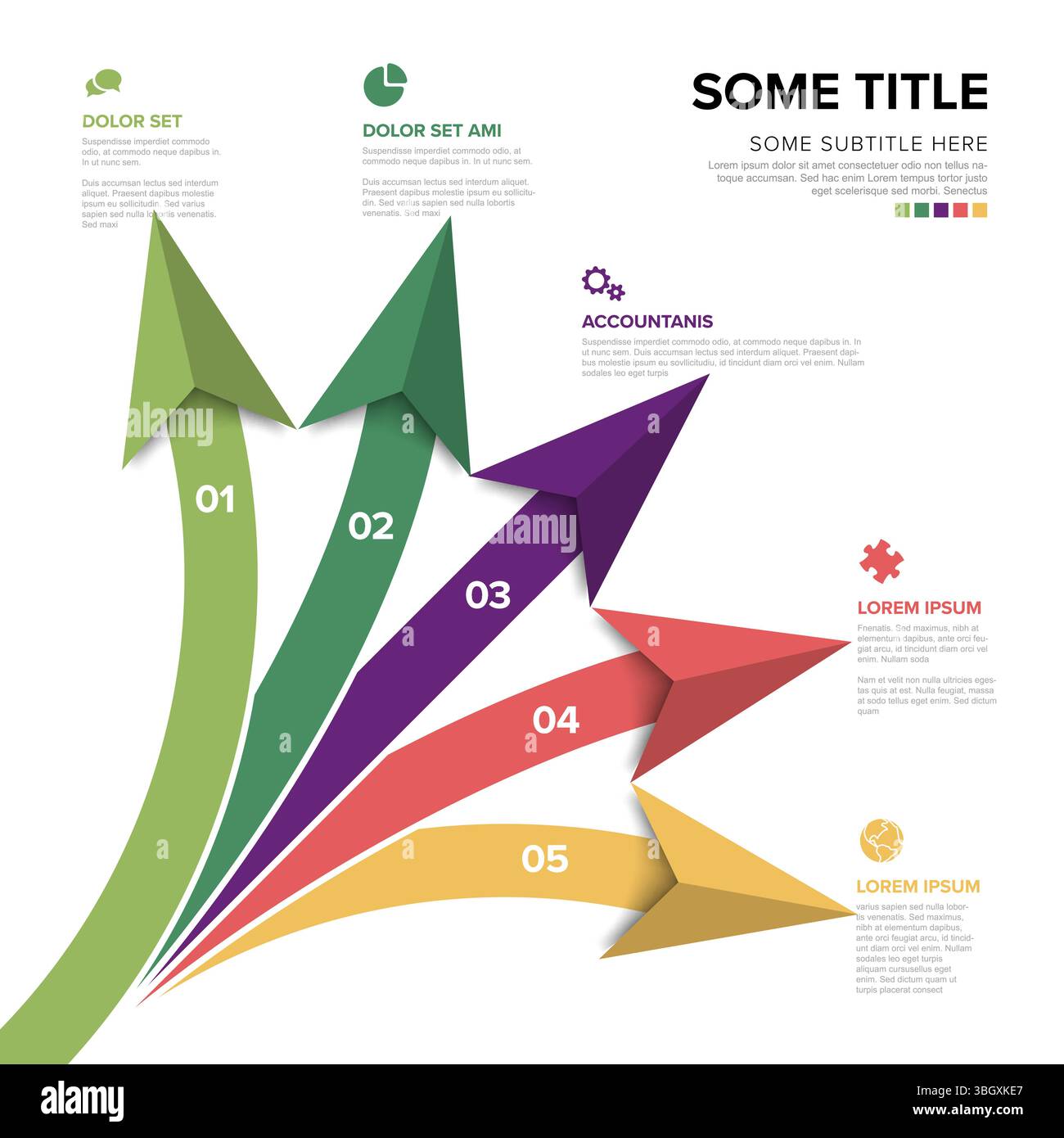 A clear and colorful infographic showing five steps with numbered arrows. This modern visual ...