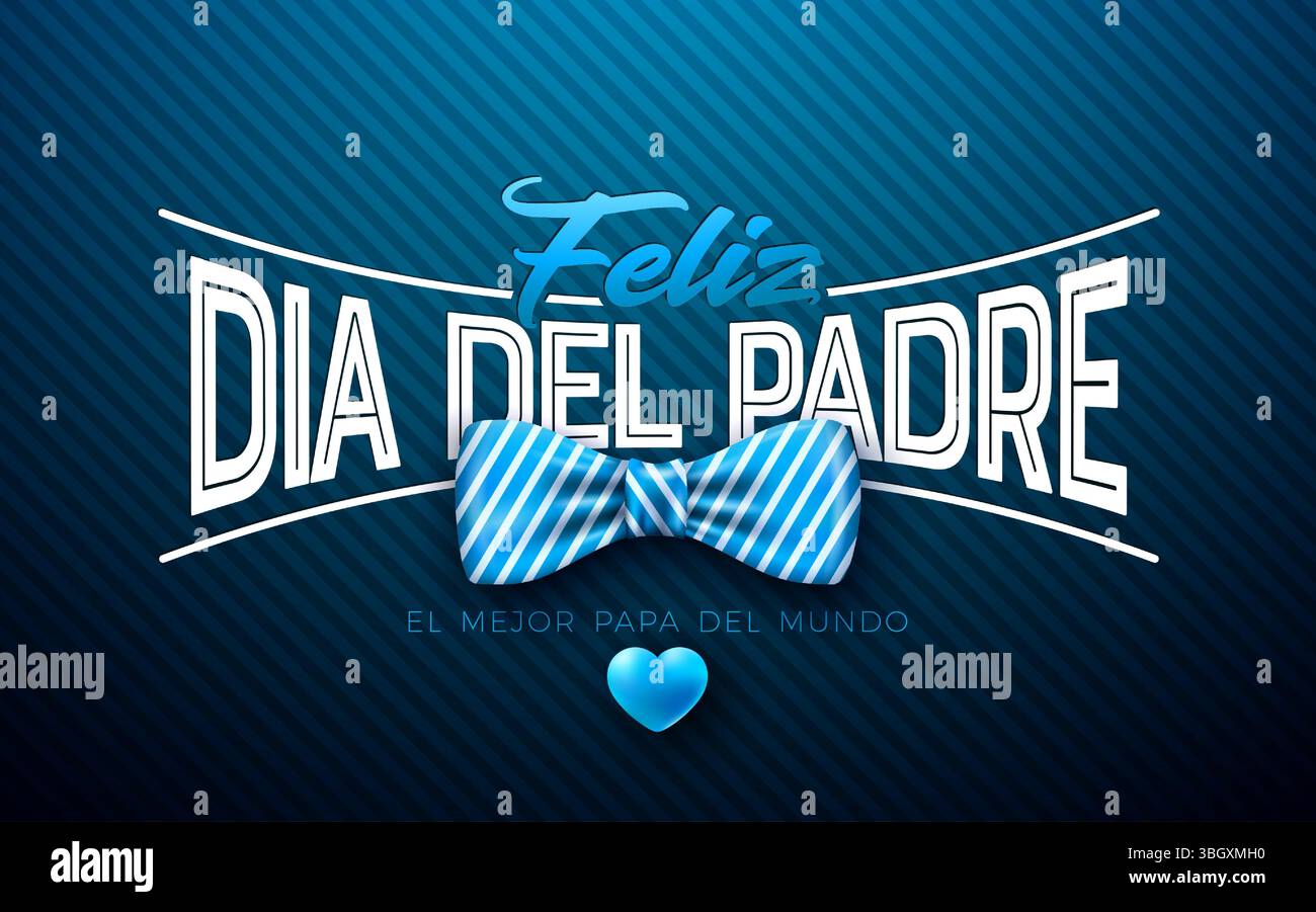Happy Father's Day Greeting Card Design with Striped Bow Tie and Heart on Blue Background. Feliz ...