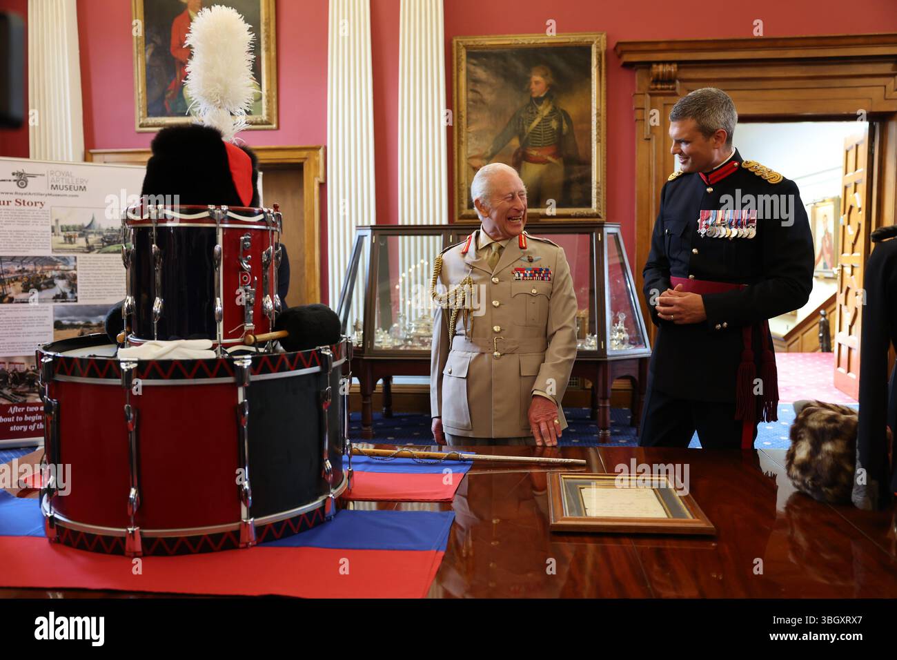 King Charles III views a display in the regimental museum during his ...