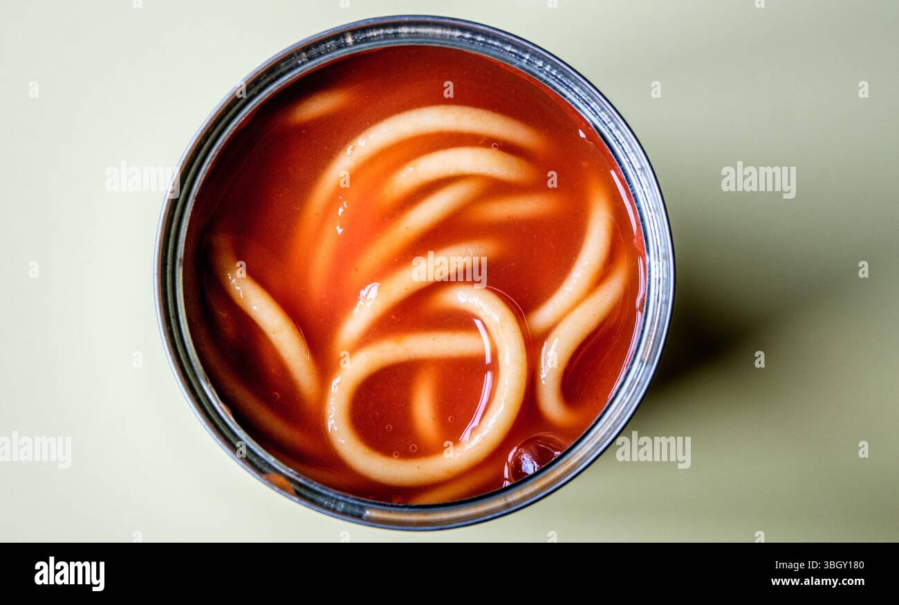 London UK, June 06 2025, Open Tin or Can Of Italian Style Spaghetti ...