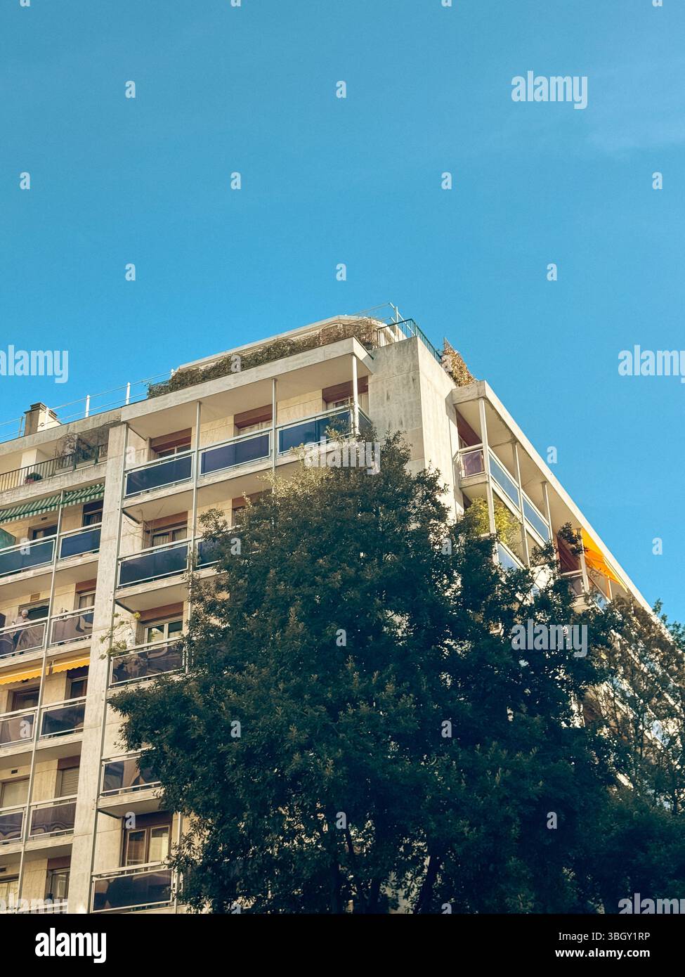 A modern apartment building with multiple balconies and a flat roof ...