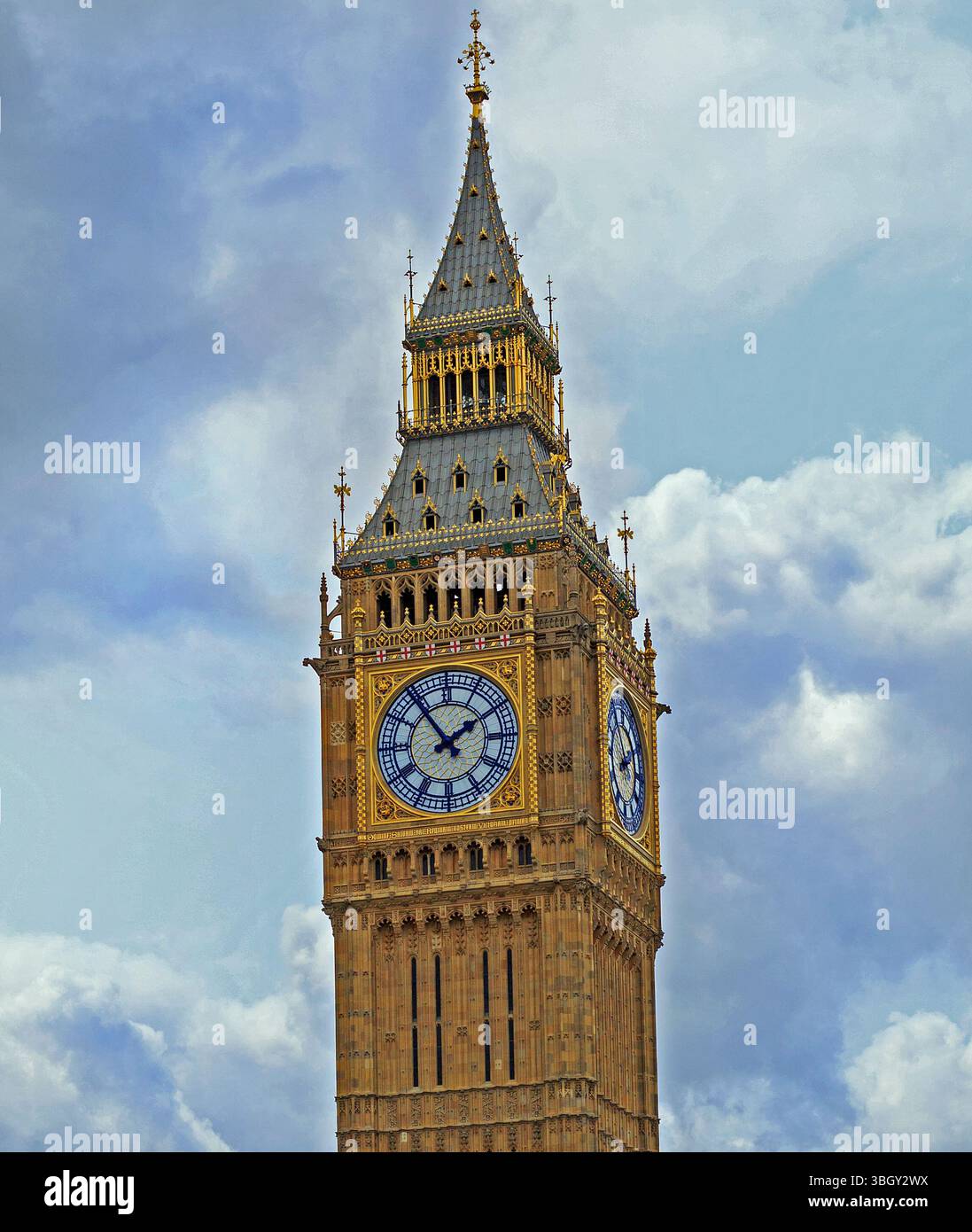 Close up of the Elizabeth Tower Clock Face and Spire against a moody ...