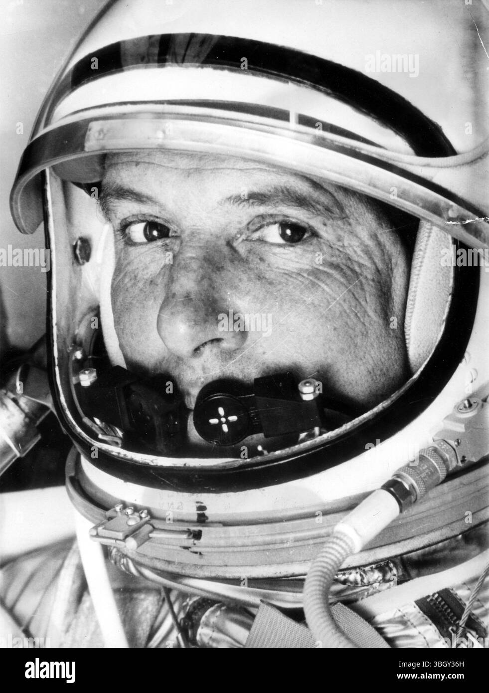 A close-up of Project Mercury astronaut Walter M. Schirra Jr. in his ...