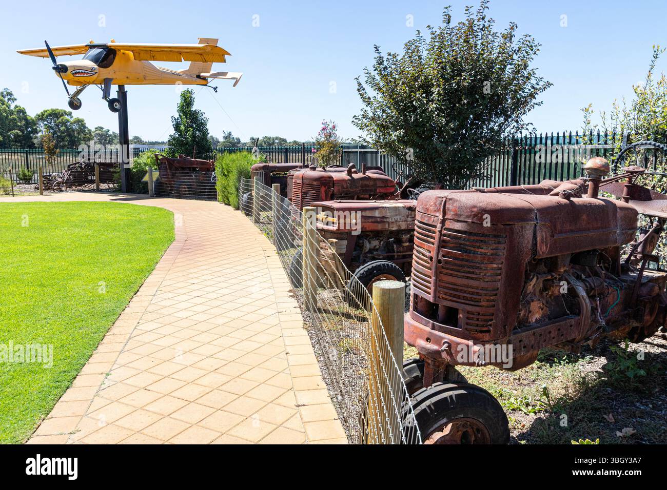Old tractors and a Wilga aircraft at the Crooked Carrot Cafe in Myalup in the south west region ...
