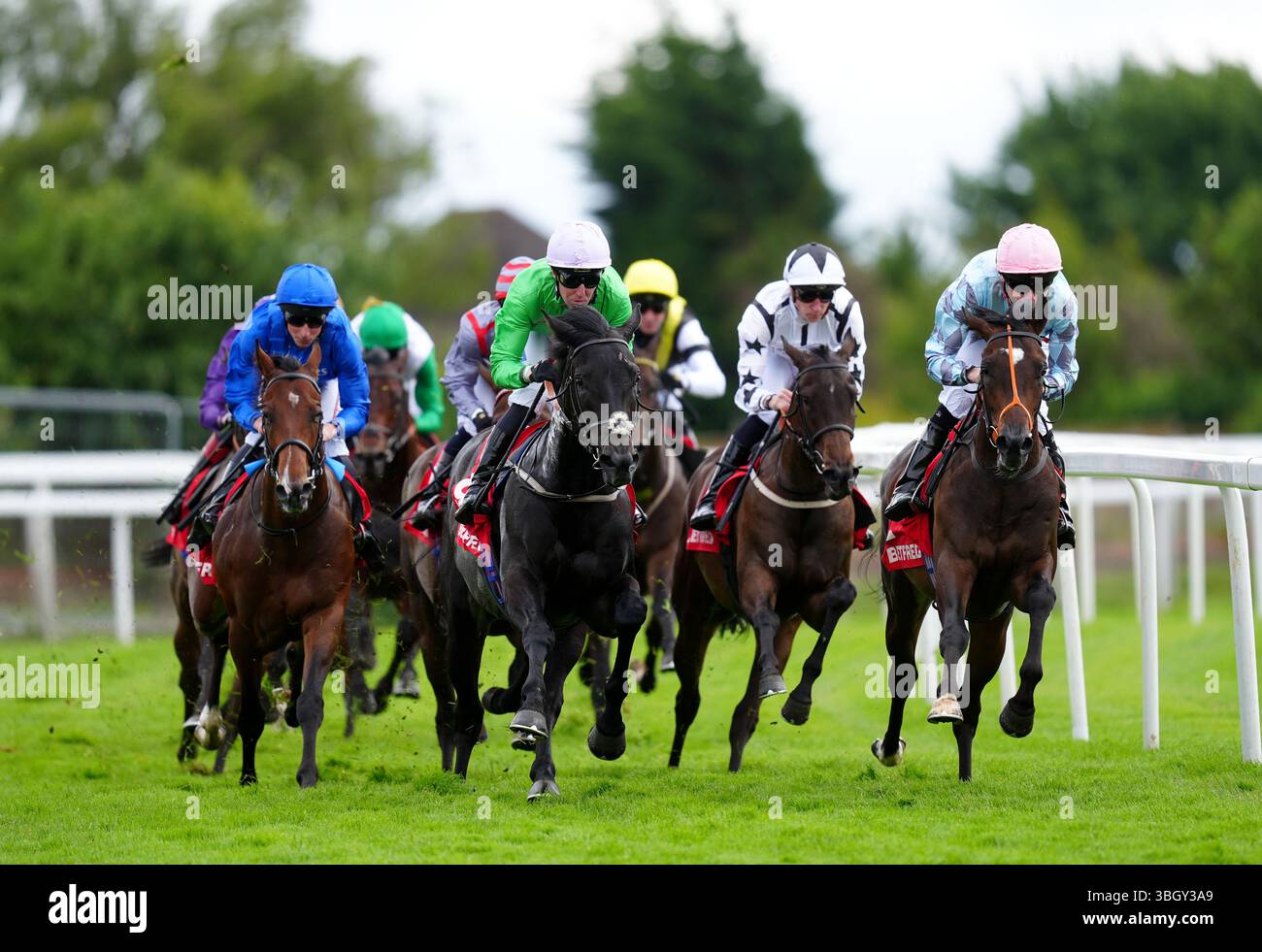 Runners and riders in the Betfred British EBF Woodcote Stakes during ...