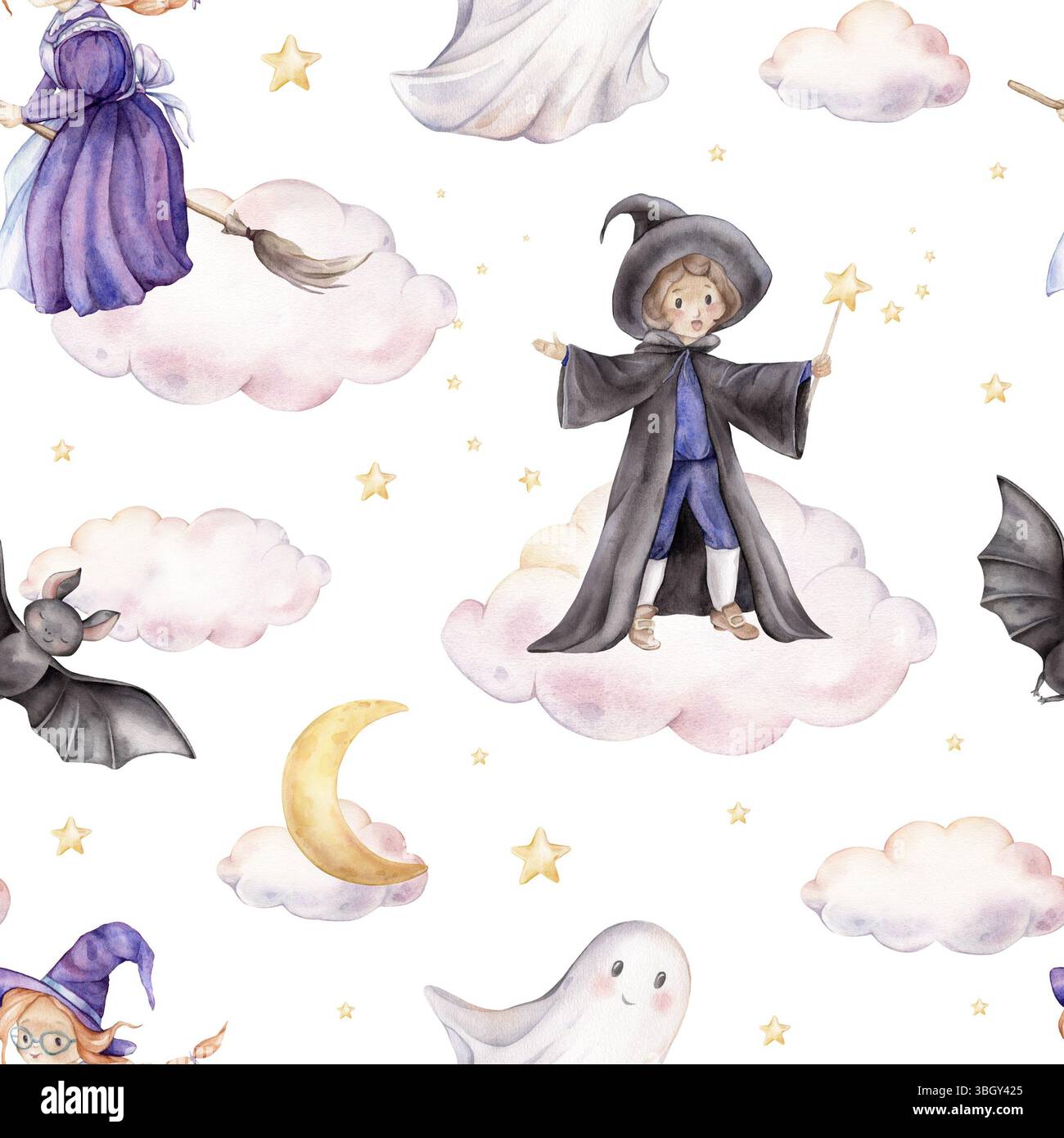 Seamless pattern for Halloween with wizard in a hat and cloak with a ...