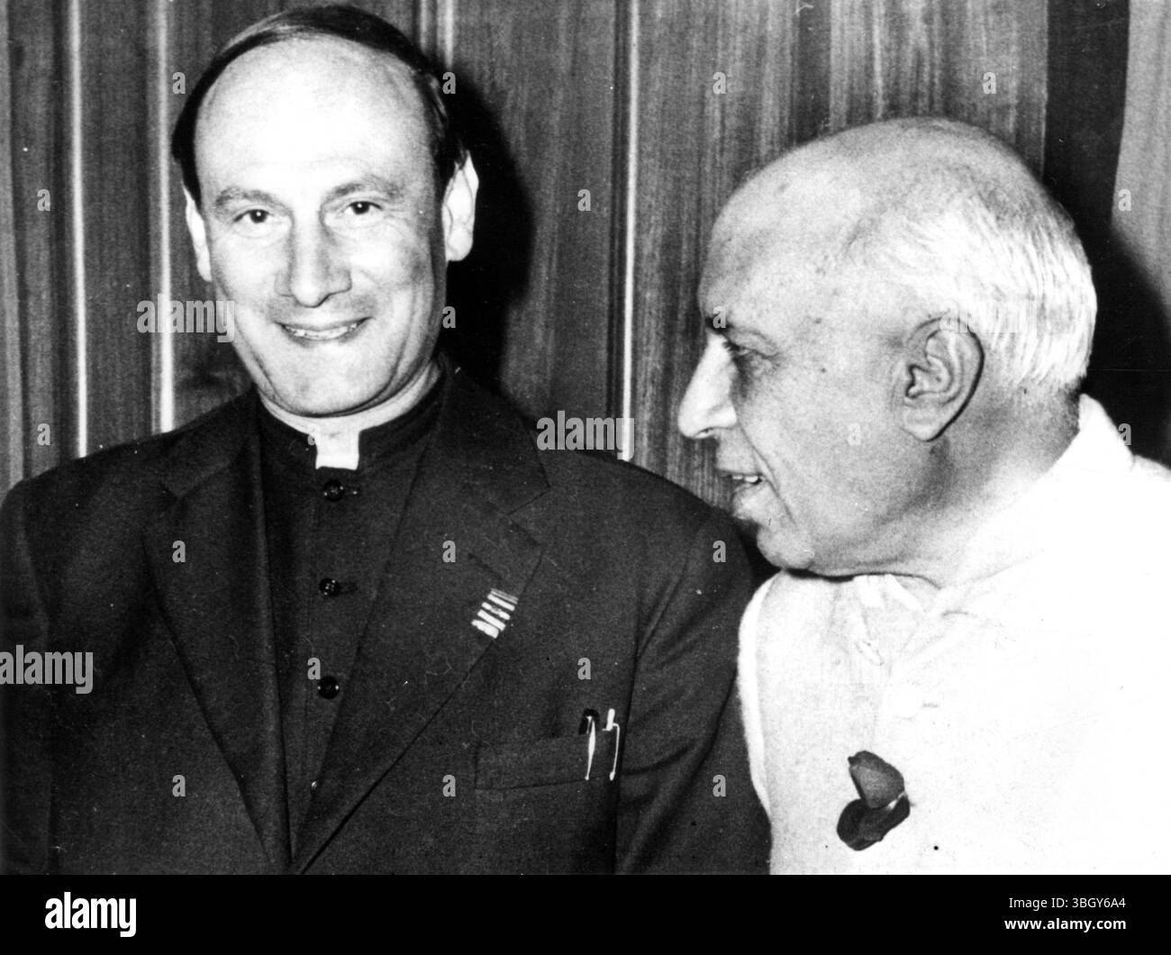 Father Pire meets Mr Nehru. Father Pire (left), the Belgian Nobel Peace ...