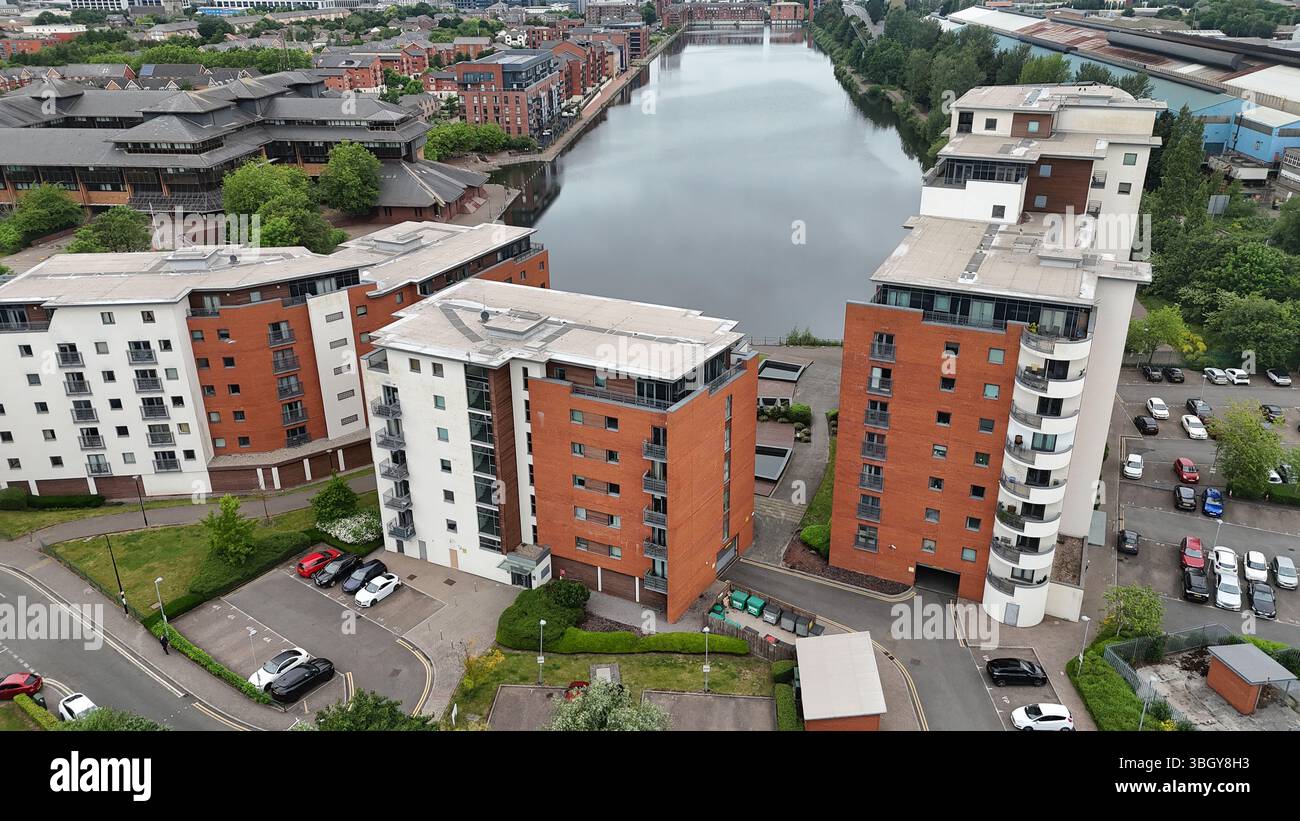 City of Cardiff suburban housing, flats and apartments, arial view of ...