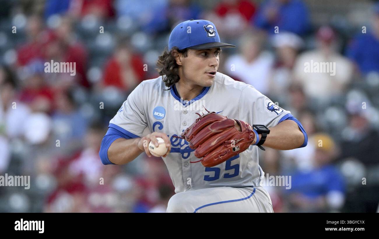 Creighton pitcher Dominic Cancellieri (55) throws against Kansas during ...