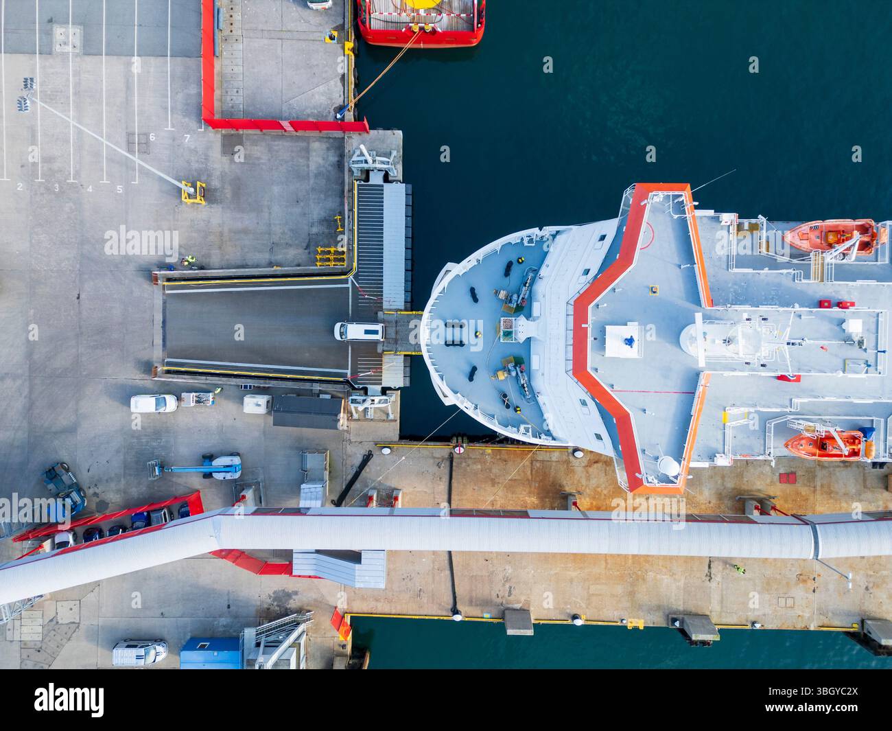 Aerial drone view of NorthLink ferry berthing in Lerwick Harbour ...