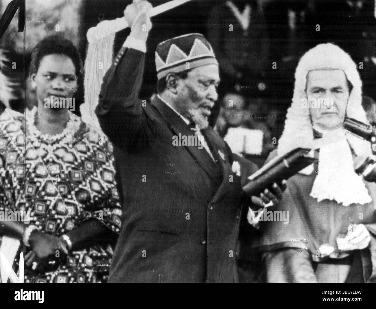 Kenyan African Nationalist Jomo Kenyatta with his traditional fly whisk ...