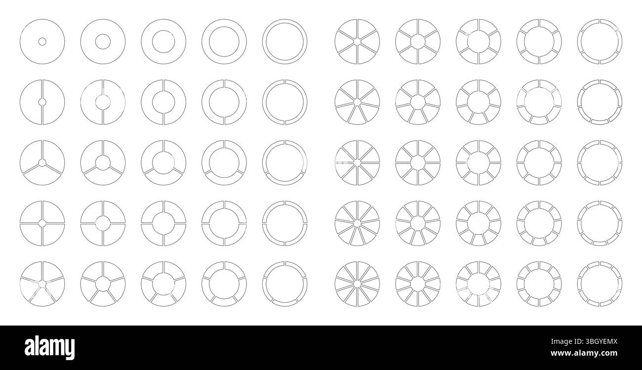 Circle division from 1 to 10 equal parts. Segmented diagrams. Coaching ...